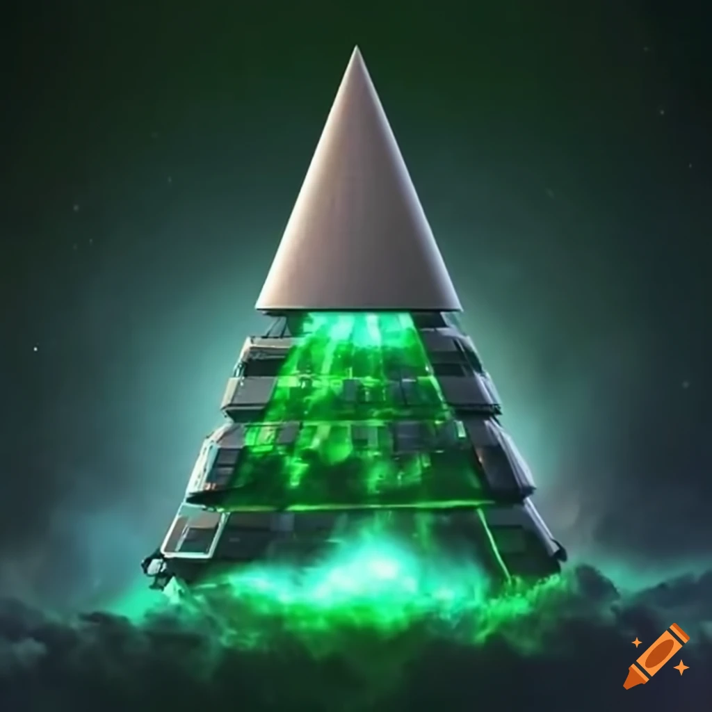 Futuristic pyramid-shaped spacecraft with green flames flying in space ...