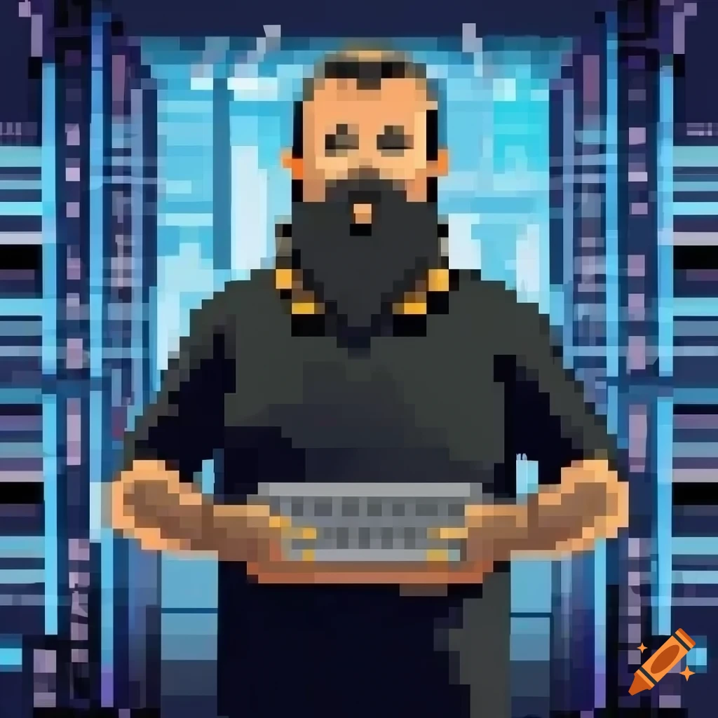 Pixel art portrait of software developer with keyboard surrounded by ...