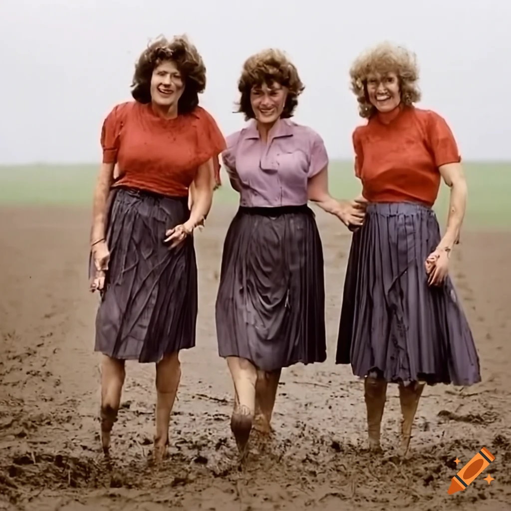 Senior ladies in pleated Sunday clothes walking in muddy field on Craiyon