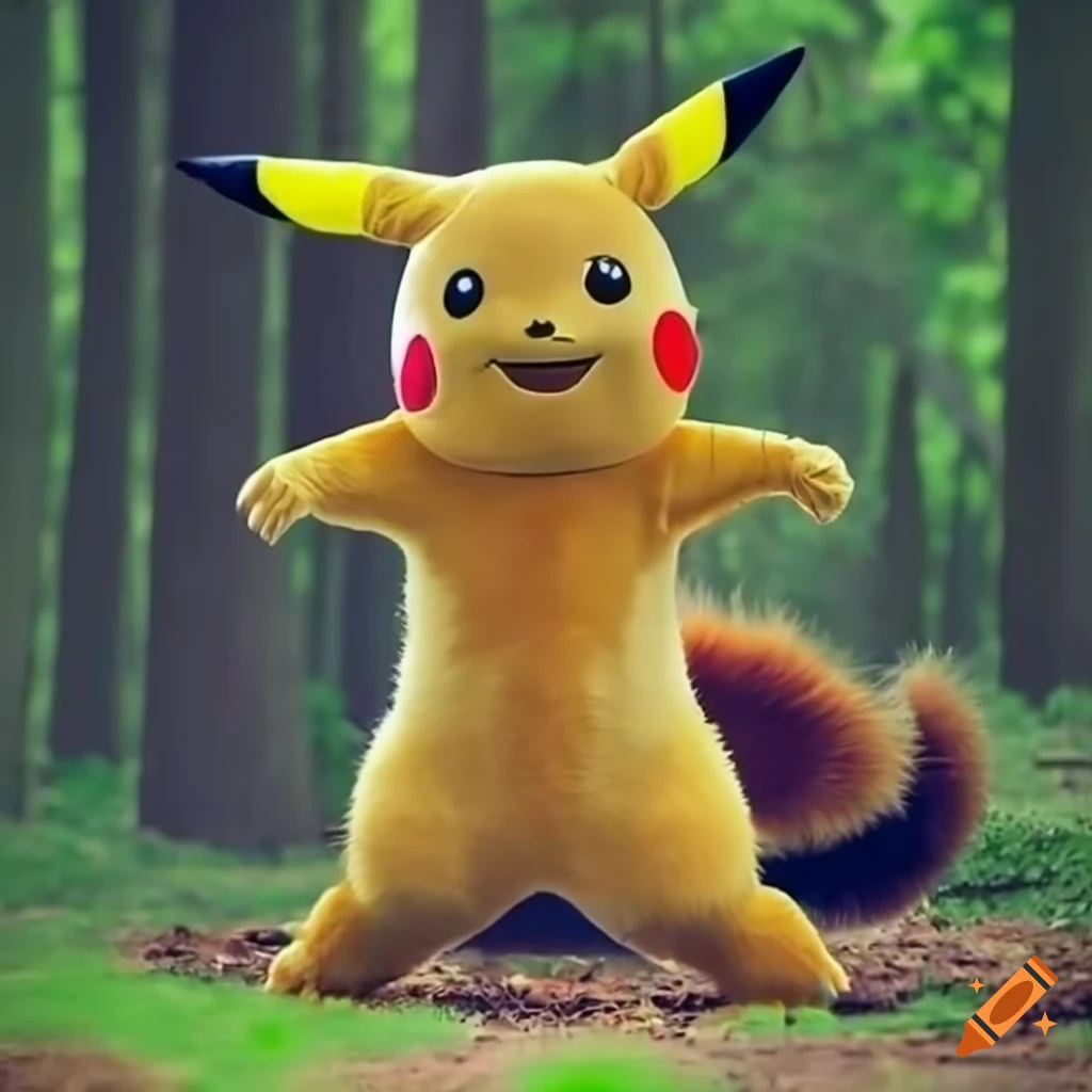 Squirrel in Pikachu mascot costume in the woods on Craiyon