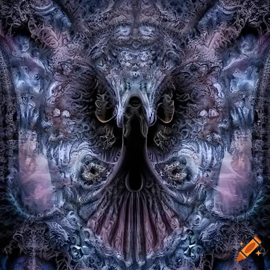 Surreal dark angel with fractal eye-shaped wings in a mysterious ...