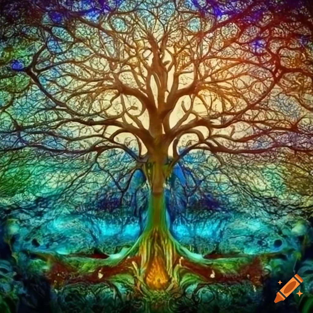 Tree of life with sacred geometry and brain with life ideas in a garden ...