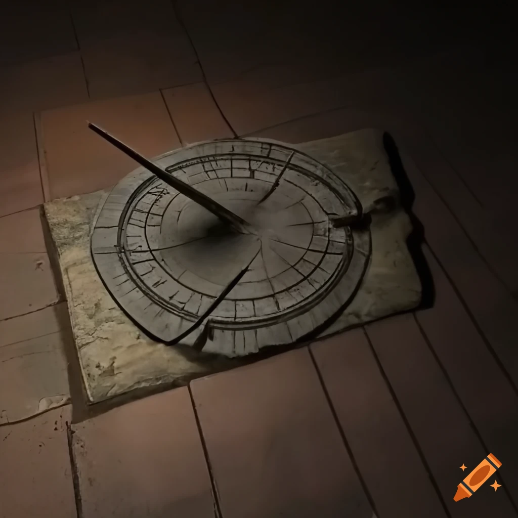 Primitive homemade sundial with angled reinforcement on a concrete slab ...