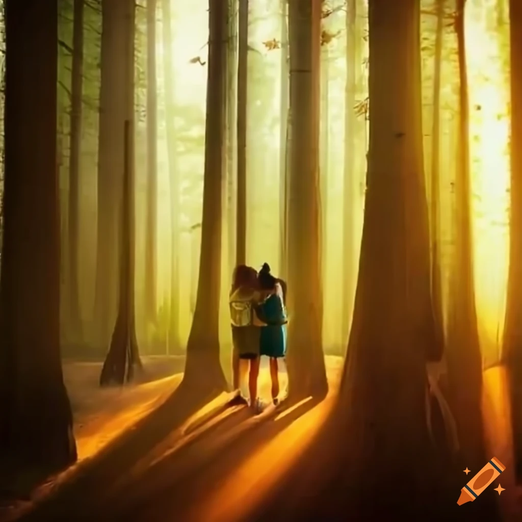 Friends bonding in a sunlit forest with fluttering birds on Craiyon