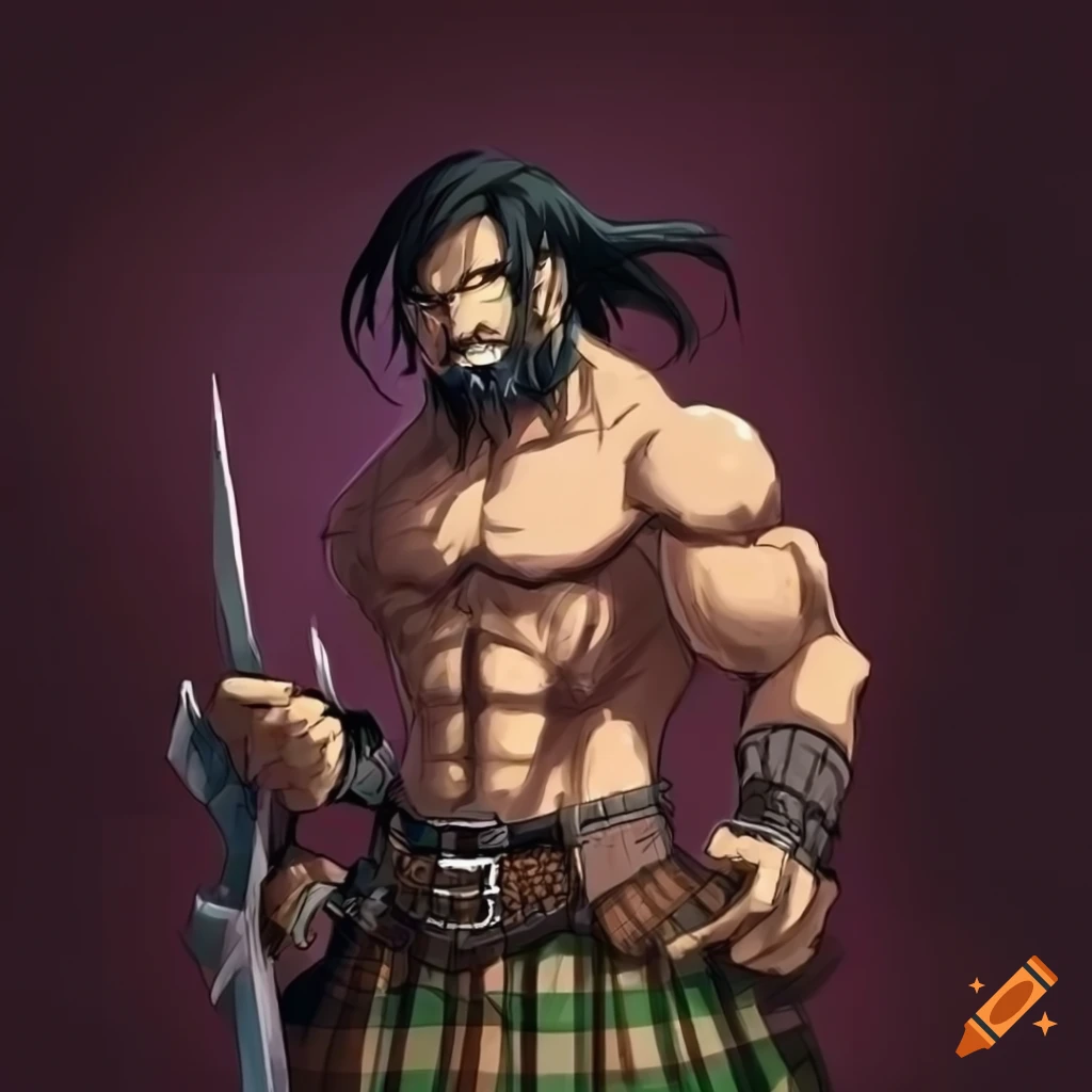 Buff anime barbarian with two swords in a kilt on Craiyon