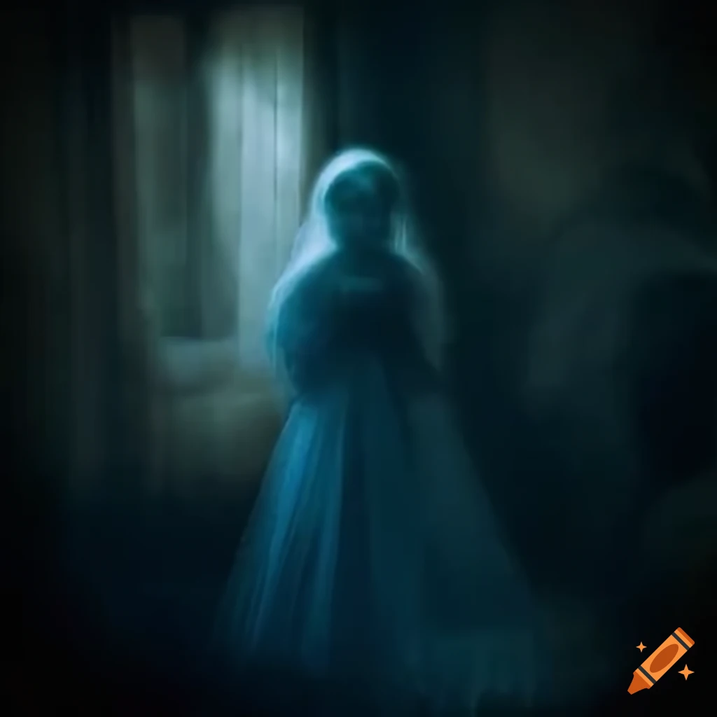 Eerie transparent ghost child in a victorian dress in a dusty attic on ...