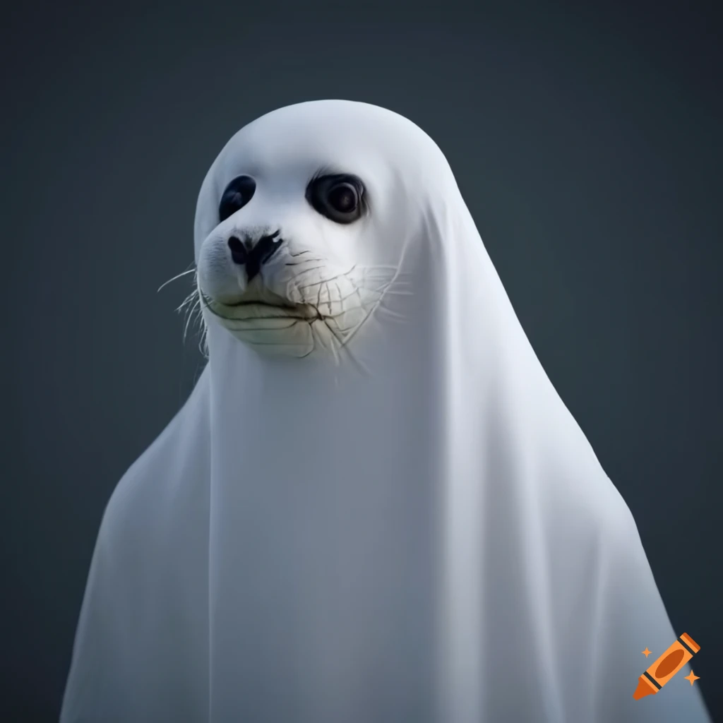 Animal seal covered with a white bedsheet ghost costume on Craiyon