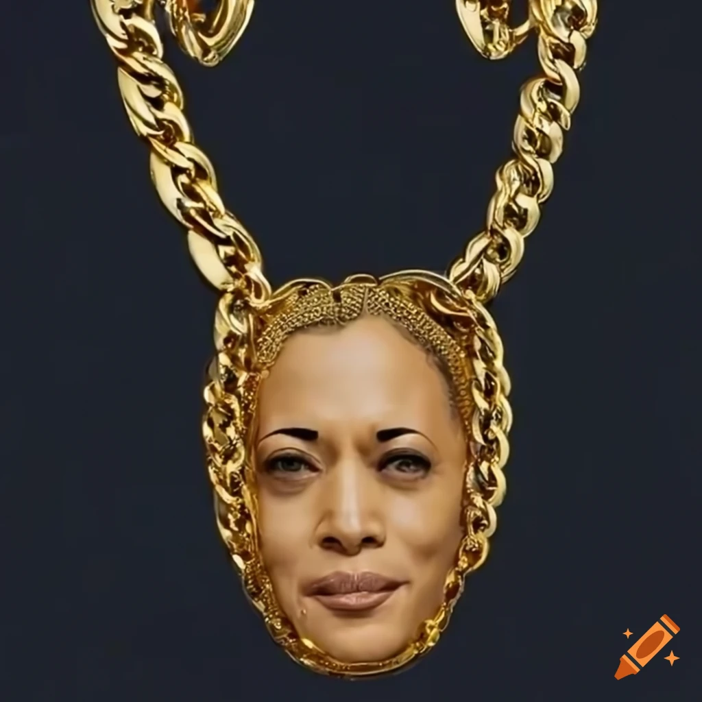Luxurious gold rap chain necklace with 3d head of kamala harris on Craiyon