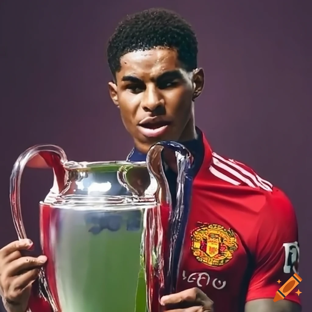 Marcus Rashford holding Champions League trophy in front of cheering ...