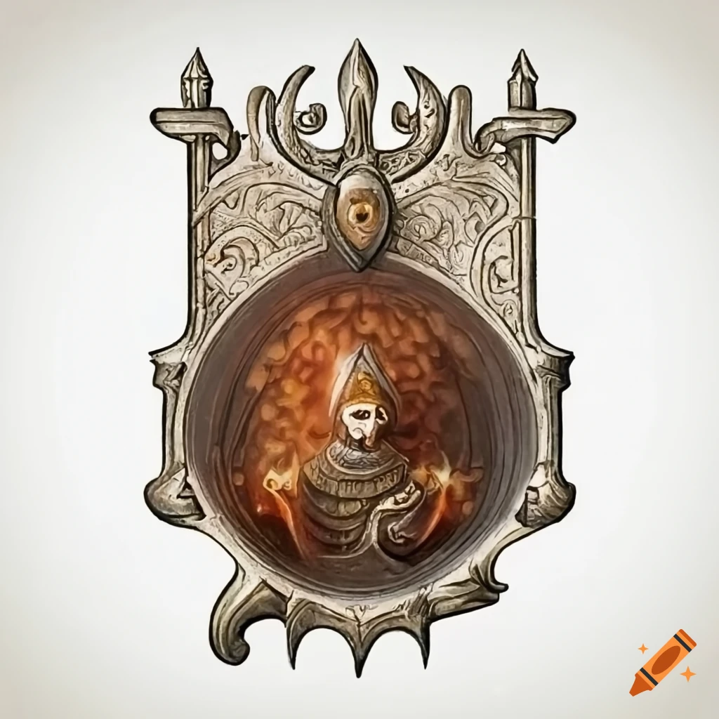 Emblem of a dwarven monastery showing a monk forging metal with flaming ...