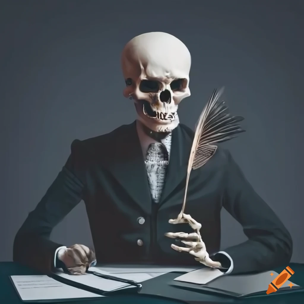 Skeleton accountant at a desk with quill on Craiyon