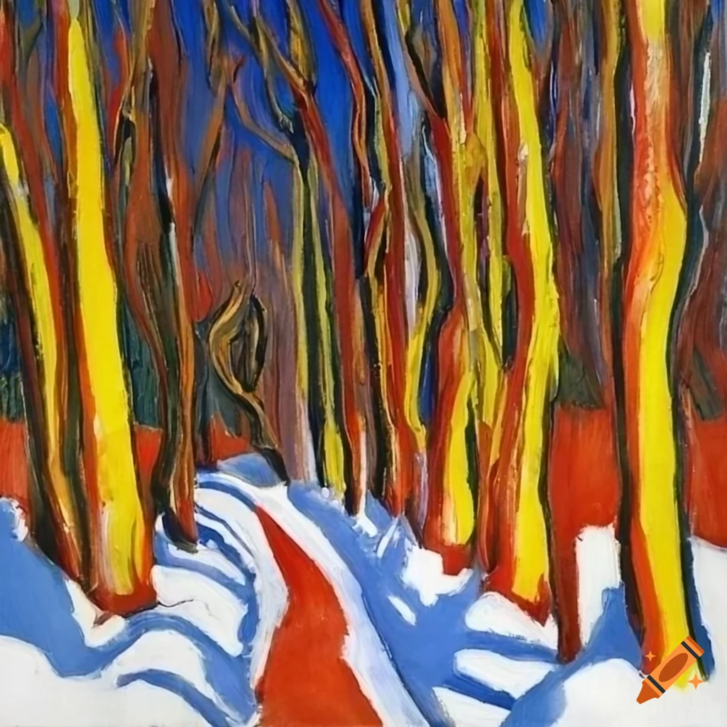 Proud trees in a winter wisconsin landscape with an expressionist art ...