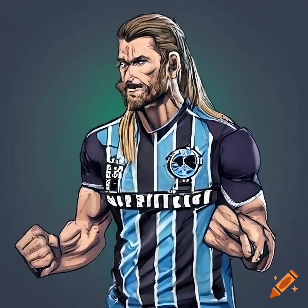Thor in blue and black football shirt holding Mjölnir on Craiyon