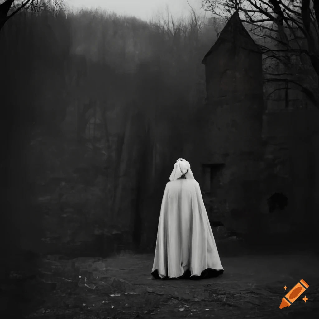 Mysterious woman in a medieval cloak overlooking the landscape on Craiyon