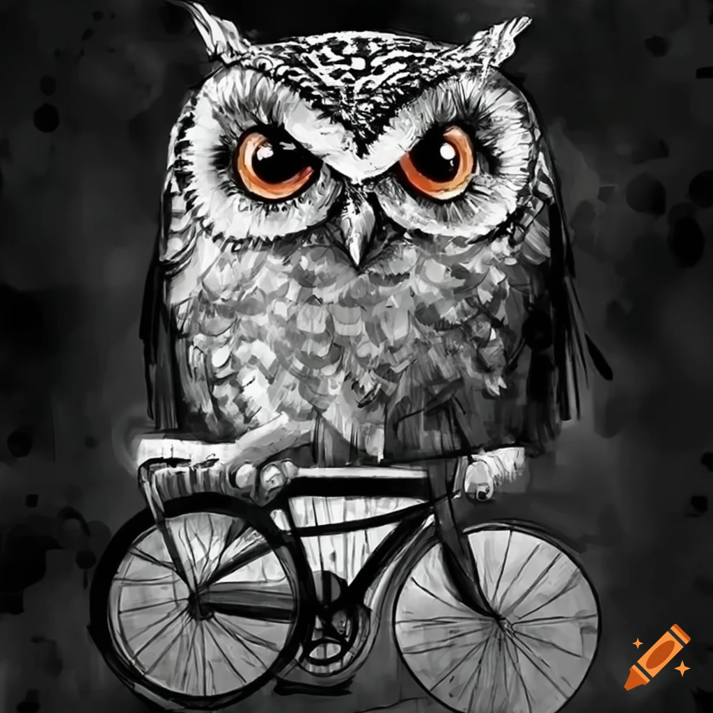 Creative owl riding a bicycle with number 8 eyes on Craiyon