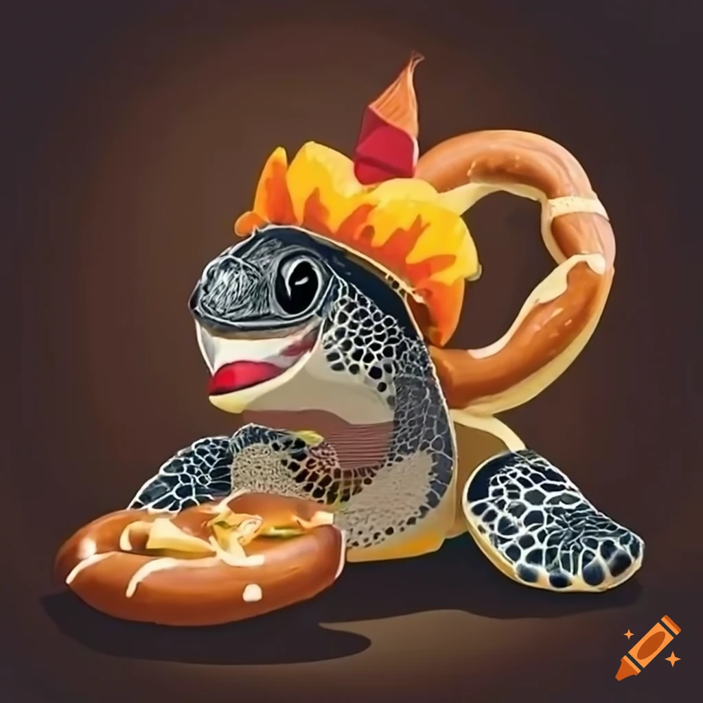 Sea turtle munching on a pretzel with a Thanksgiving hat on Craiyon