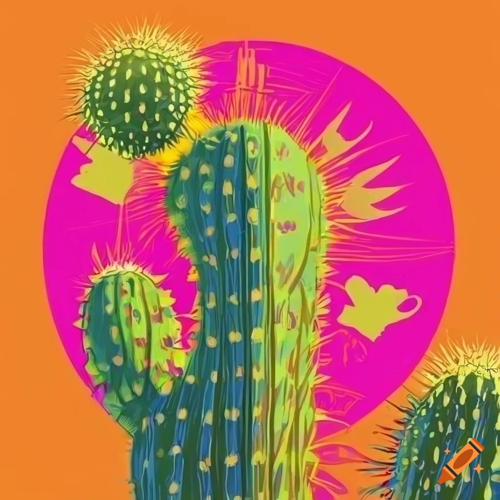 Detailed technical illustration of a retro-futuristic cactus in vibrant ...