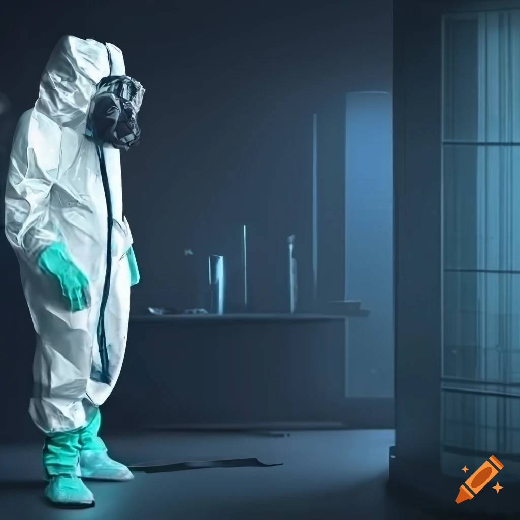 Futuristic hazmat cleanup person in a laboratory at night on Craiyon