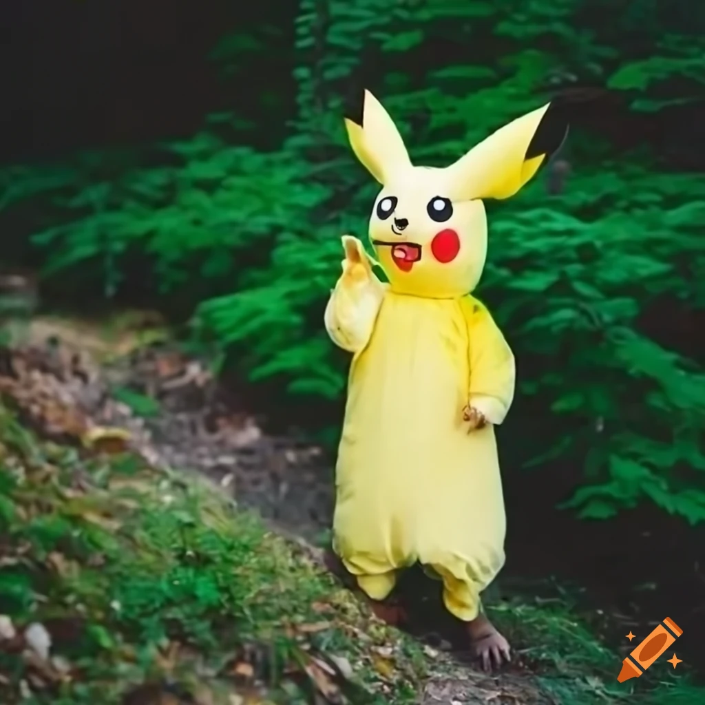 Stoat in Pikachu costume blending in forest foliage on Craiyon