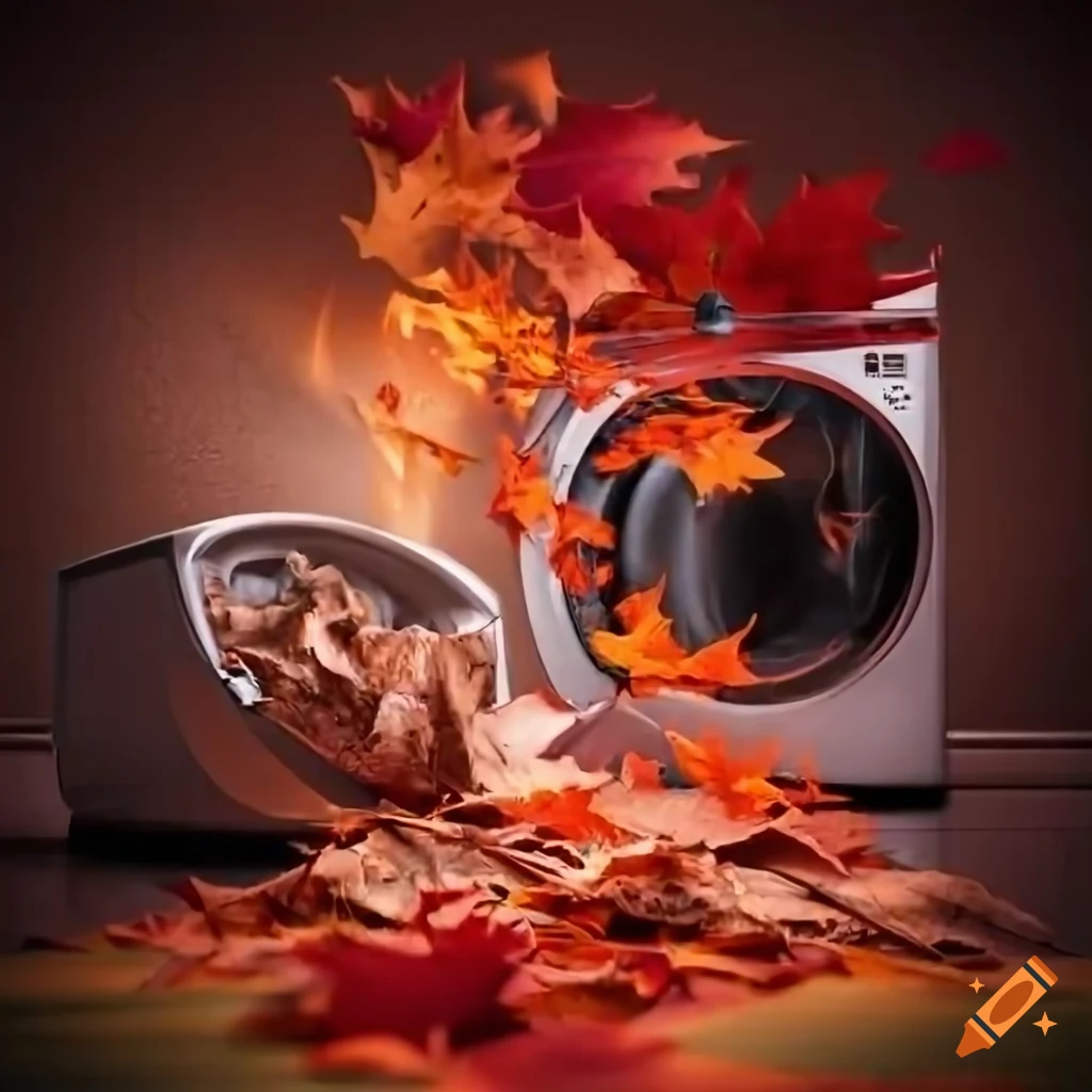 Cash flowing from washing machines with a flaming red maple leaf on Craiyon