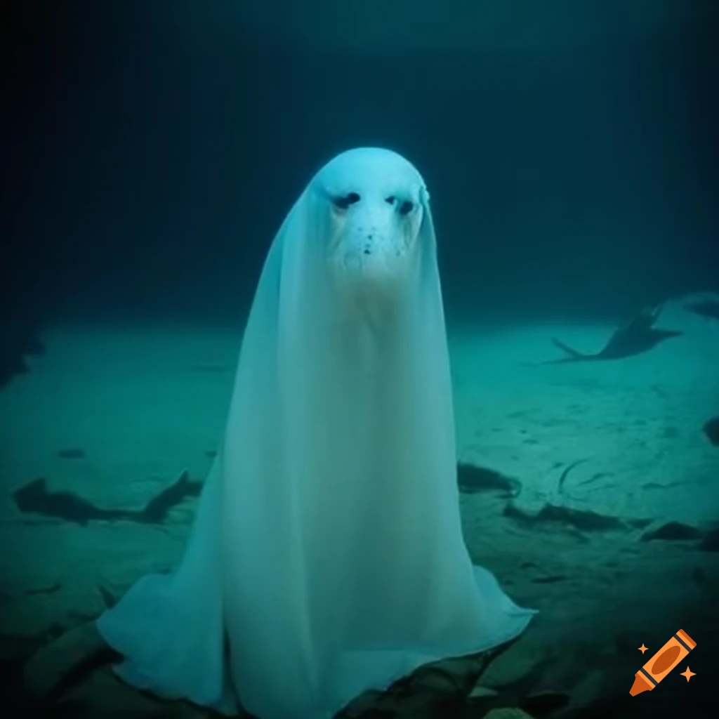 Sea lion covered in a white bedsheet ghost costume on Craiyon