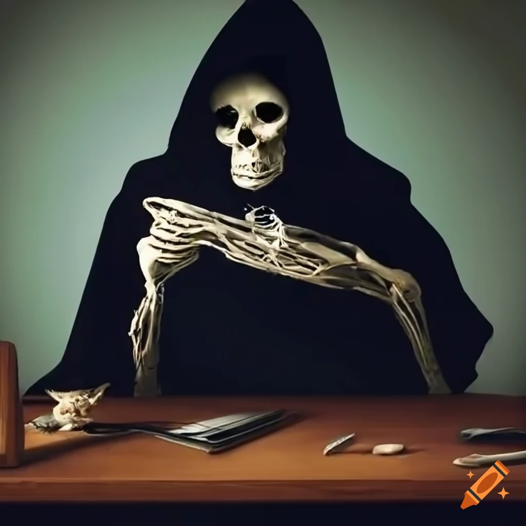 Skeleton writing on ancient scroll at a desk on Craiyon