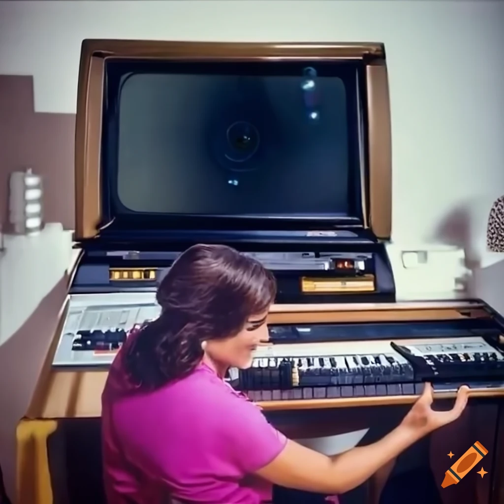 Vintage Kodachrome photography of a woman playing synthesizer on retro ...