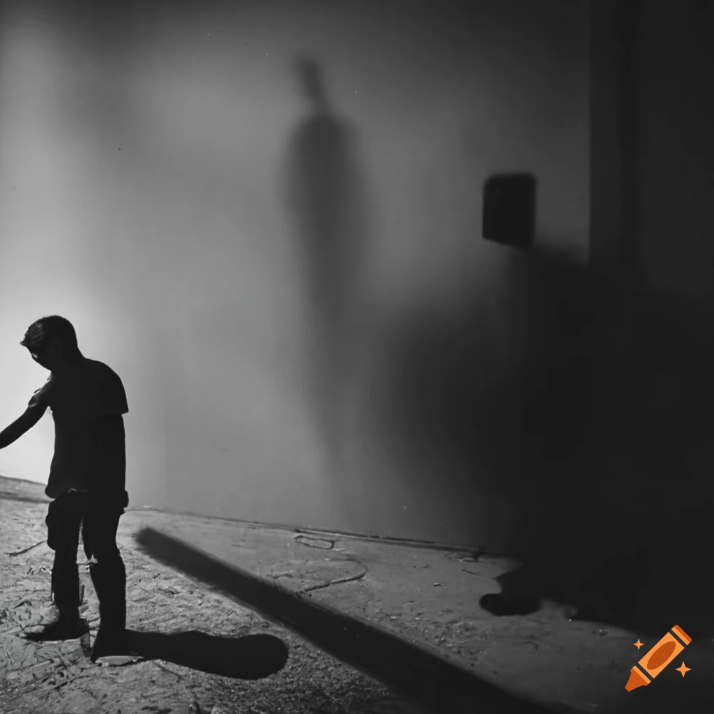 Scary man in alley surrounded by shadows in a dramatic black and white ...