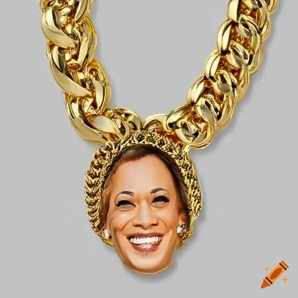 Luxurious gold rap chain necklace with 3d head of kamala harris on Craiyon