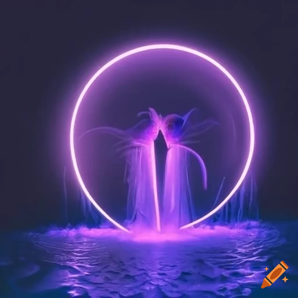 Enchanting neon circular fountain with neon fish at night on Craiyon