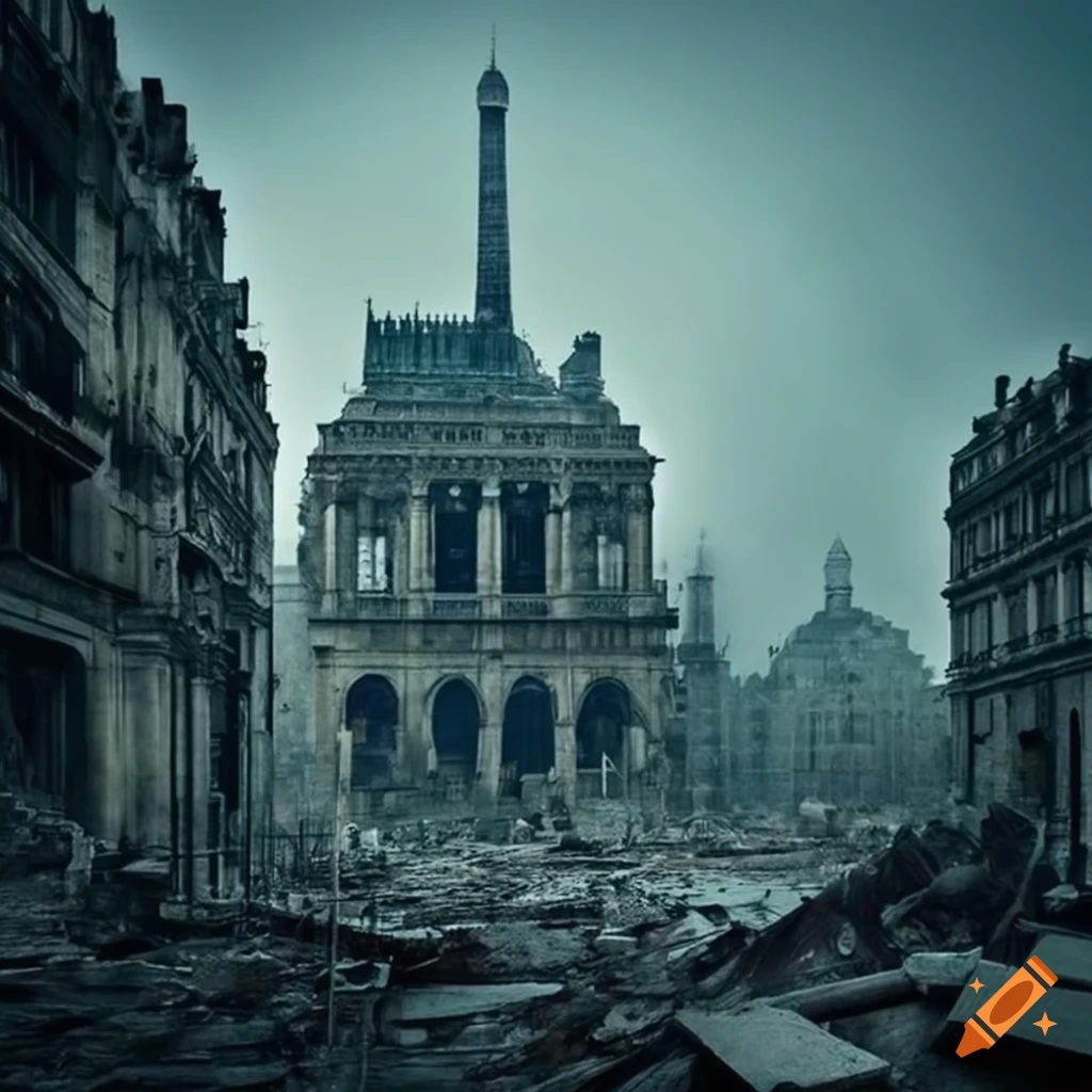 Post-apocalyptic Paris landmarks in ruins on Craiyon