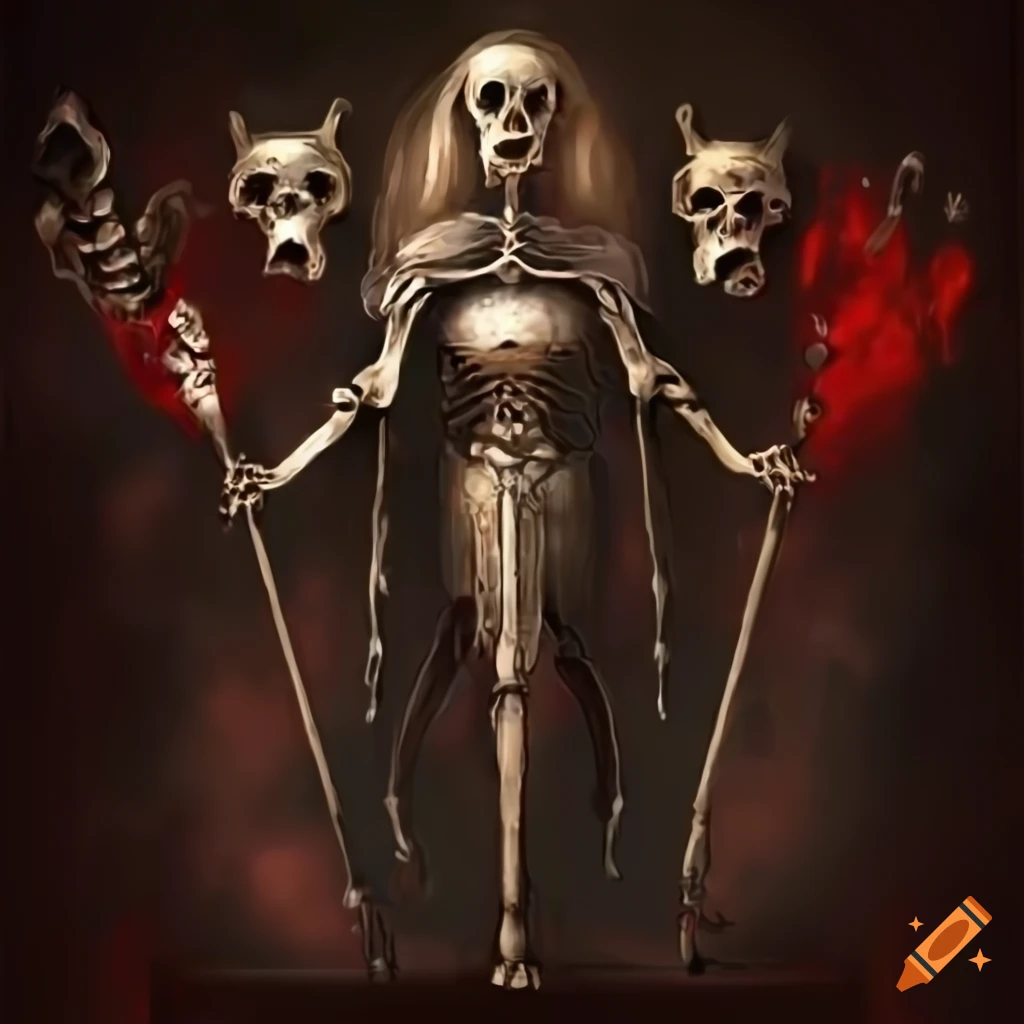 Gothic artwork of a three-headed skeleton warrior in armor with a ruby-crowned staff on Craiyon
