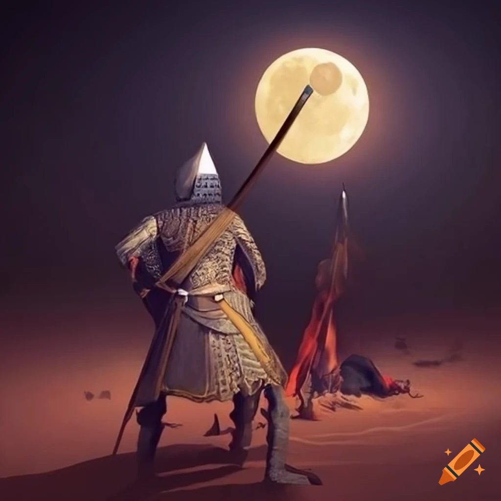Medieval soldier resting by a bonfire in the desert under the waning ...