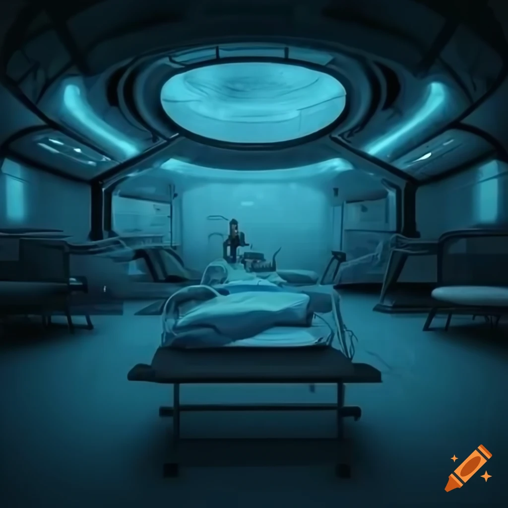 Futuristic medical science laboratory with pod-like beds and computer ...