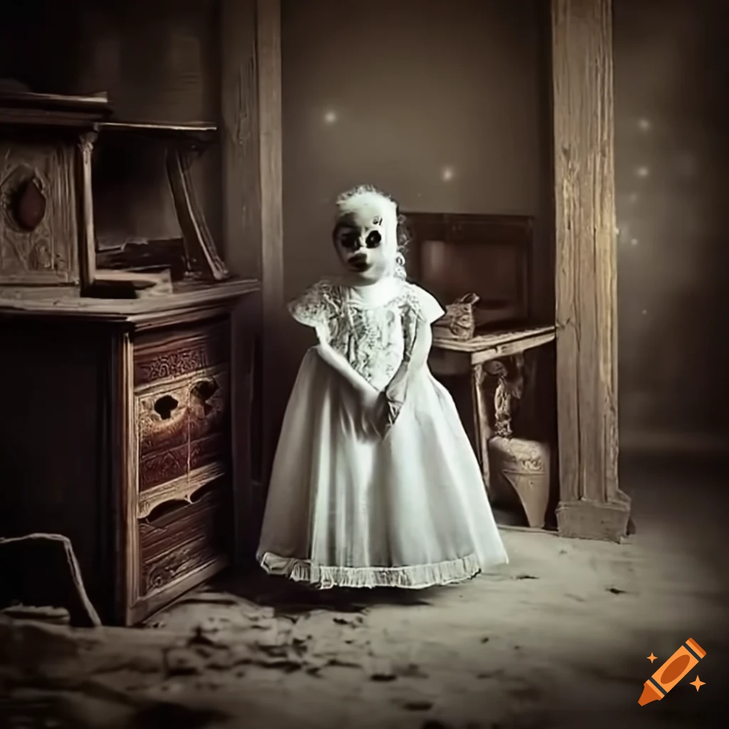 Transparent ghost child in victorian dress in eerie attic setting on ...