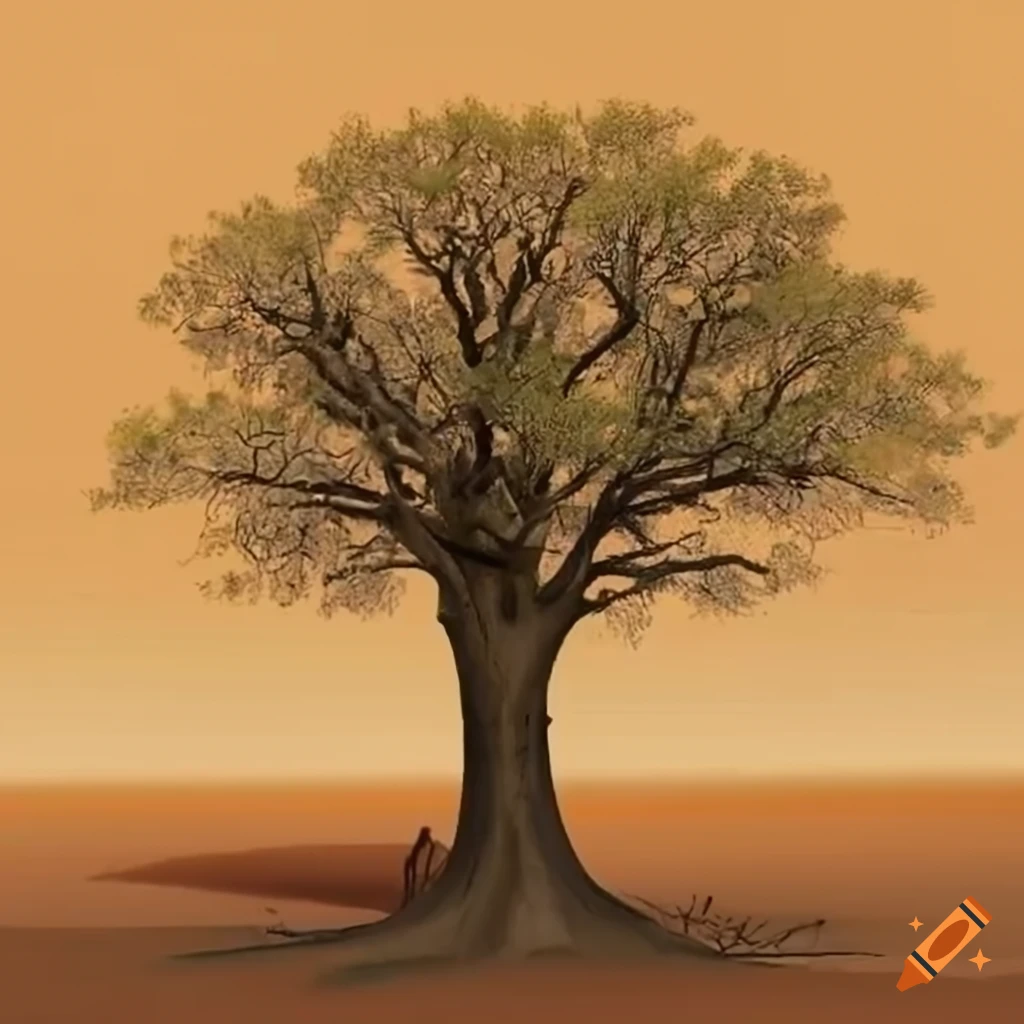 Well-grown oak tree in a barren desert landscape on Craiyon