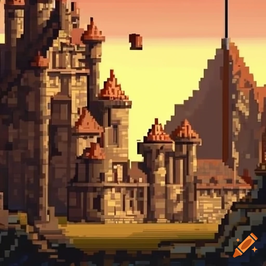 Pixel art medieval fantasy rustic castle in a city on Craiyon