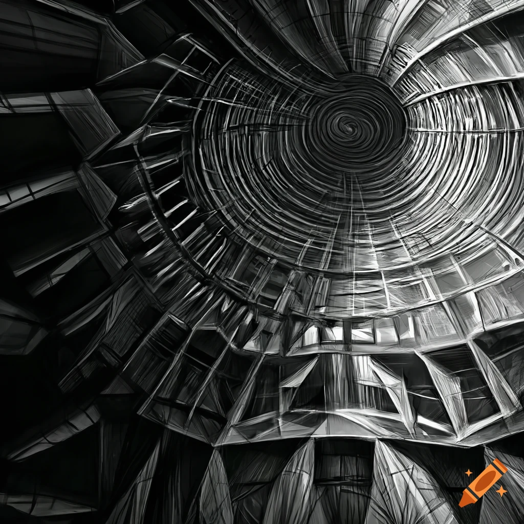 Futuristic architectural drawing with intricate metal structures and ...