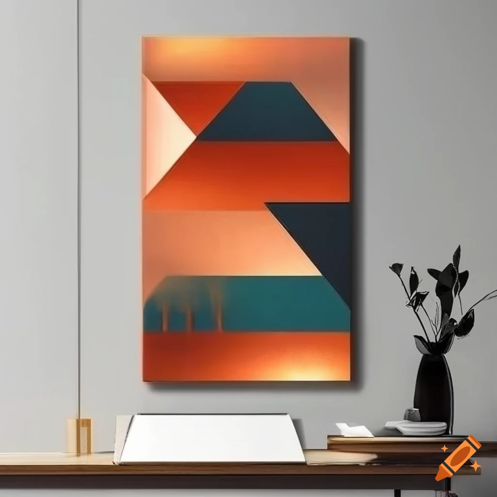 Minimalist wall art with copper lines and colorful geometric shapes on ...