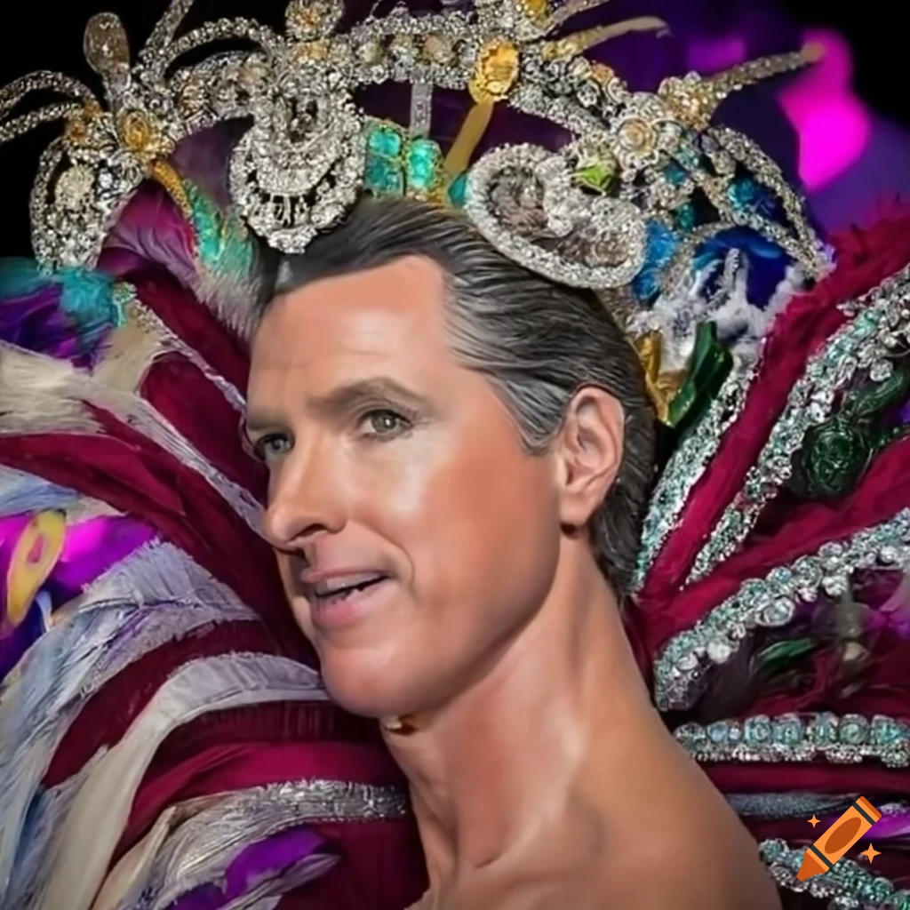 Governor gavin newsom in a vibrant male samba costume with jewels and ...