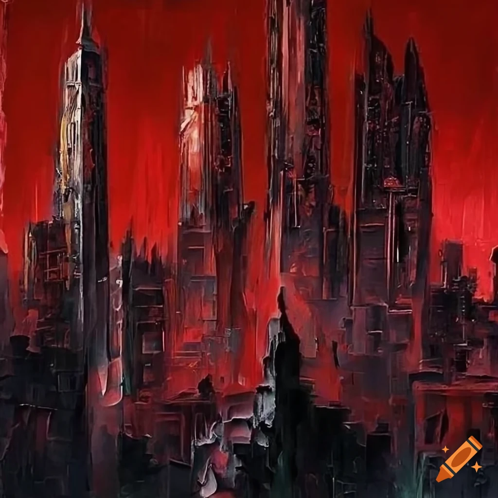 Gotham City skyline at night with red neon lights in a futuristic ...