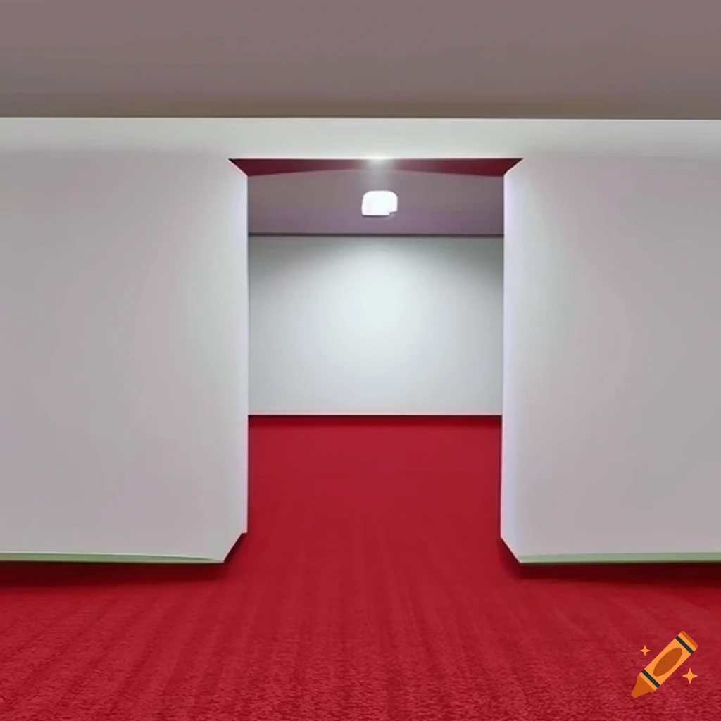 Bright liminal room with white wallpaper, red carpet, and cubicles on ...
