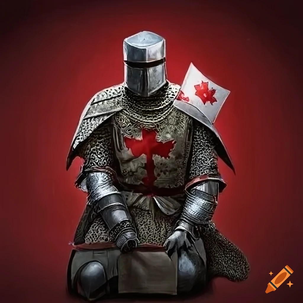 Templar knight in armor holding french and canadian flags with star of ...