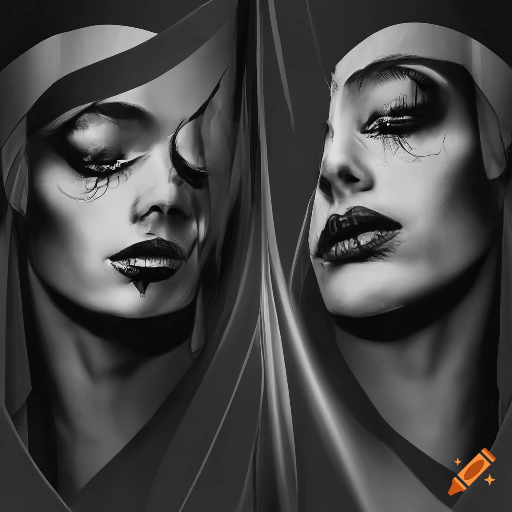 Tetraptych of black-and-white portraits with mystical symbolism and ...