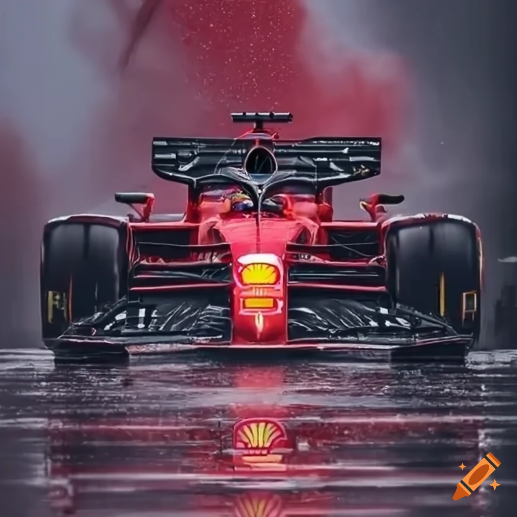 Ferrari F1 car in the Italian Alps under heavy rain on Craiyon