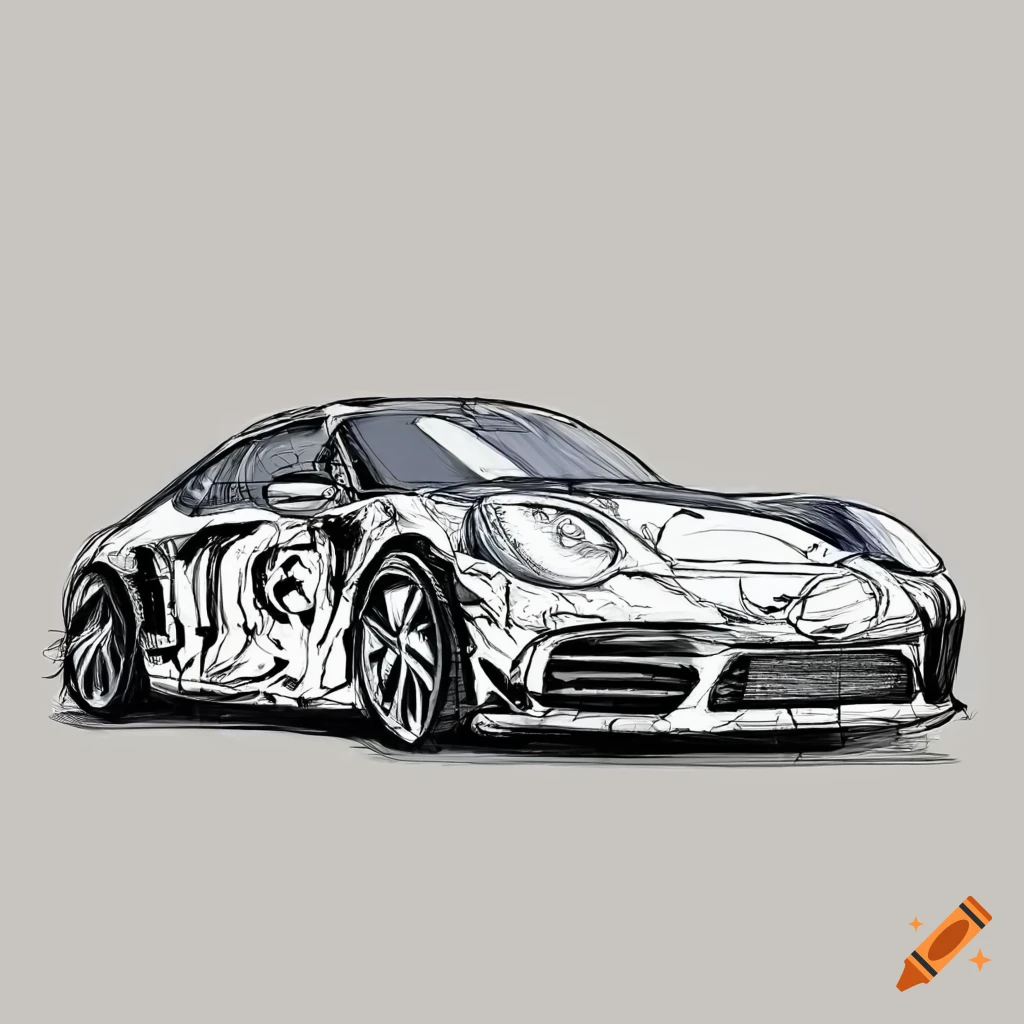 Full body portrait black and white drawing of a porsche 911 in graffiti ...