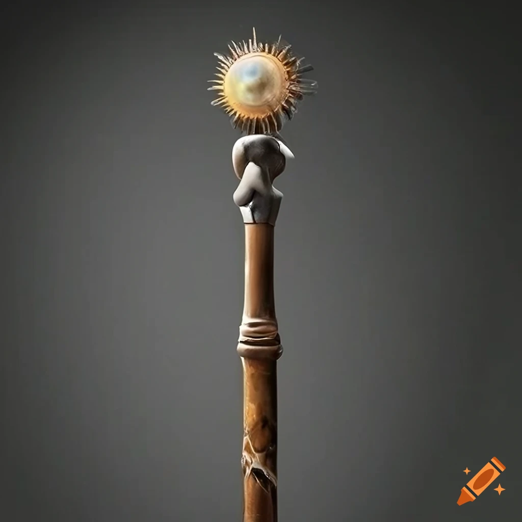 Staff made of white marble and obsidian with a radiant sun symbol on ...