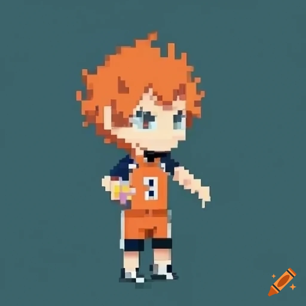 Pixel art chibi Hinata Shoyo in 180-degree pose on Craiyon