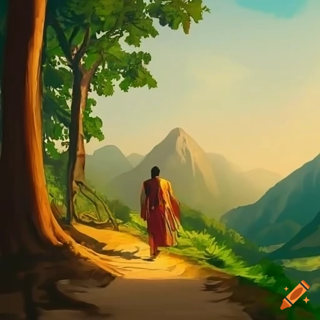 Bal kalki walking along a path with lush trees and mahendra parvat in ...