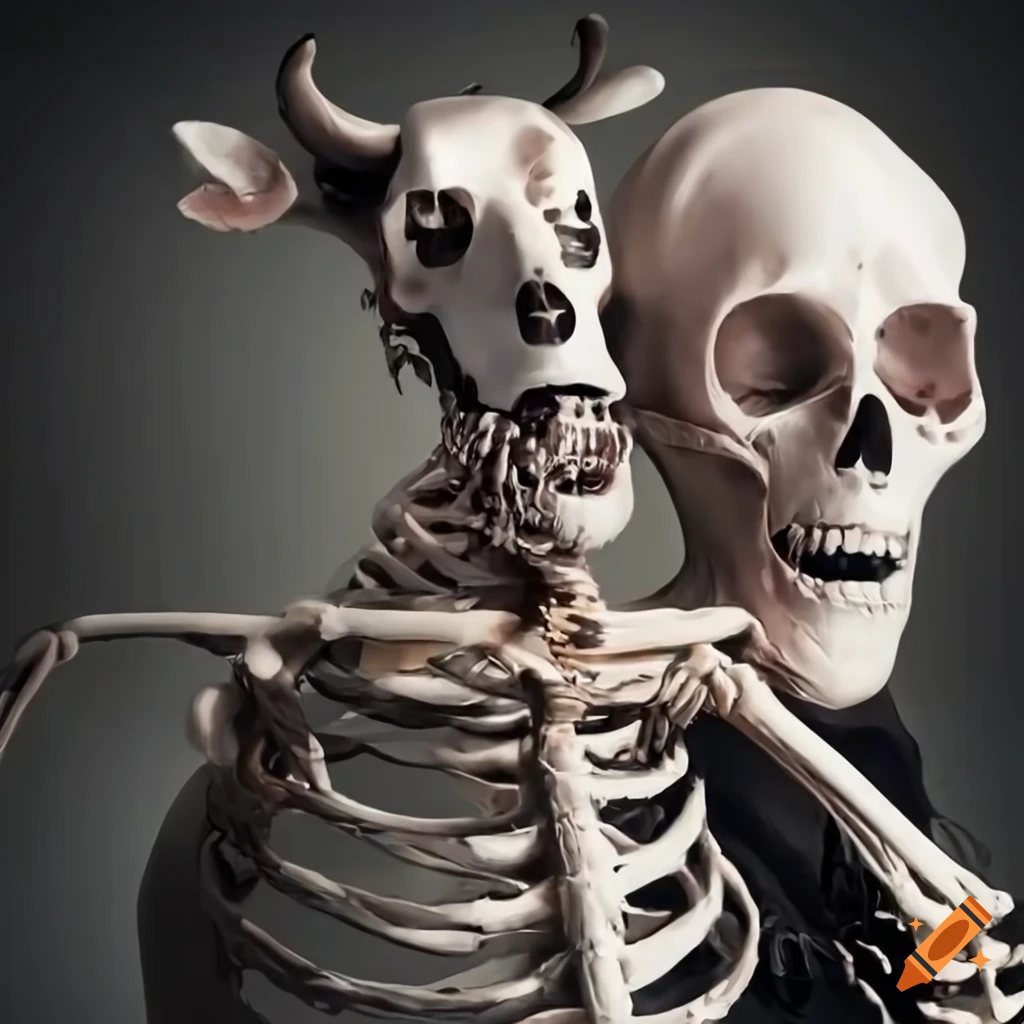 Skeleton woman hugging a skeleton cow on Craiyon